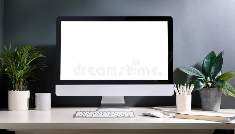 Modern Office Desk with a Computer Screen Mockup, Keyboard, Mouse, and ...