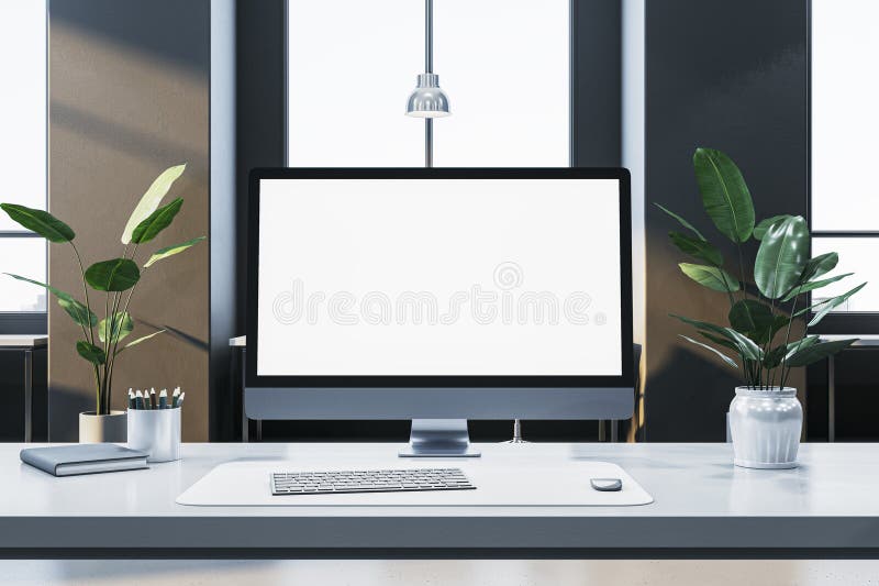 Modern Office Desk with a Computer Screen Mockup, Keyboard, Mouse, and ... Modern Office Desk with a Computer Screen Mockup, Keyboard, Mouse, and ...