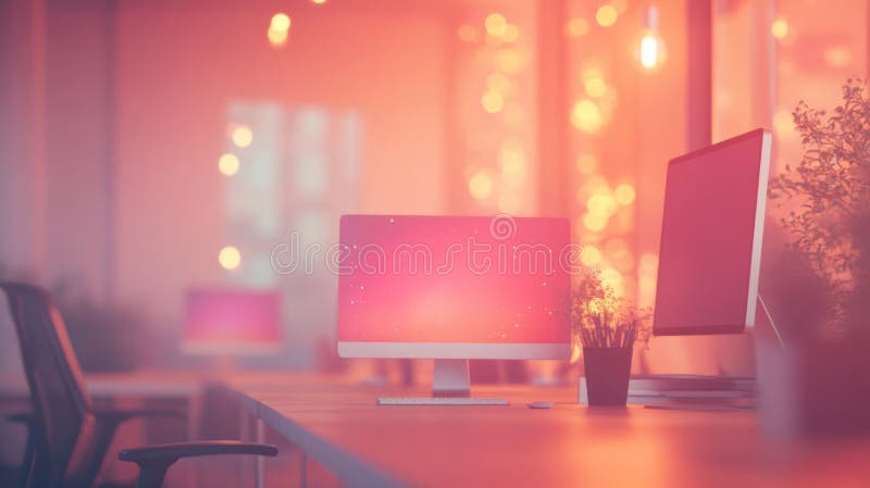 Modern Office Desk with Computers and Soft Lighting Stock Illustration ...