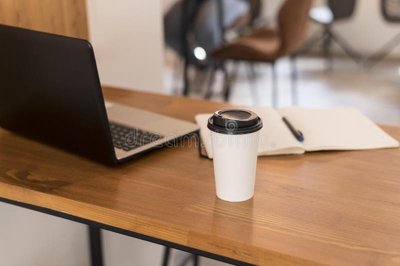 Modern Office Desk with Cup Coffee. High Quality Photo Stock Photo ...