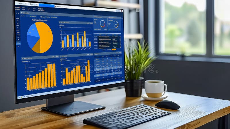 Modern Office Desk with Data Analysis on Monitor Stock Illustration ...