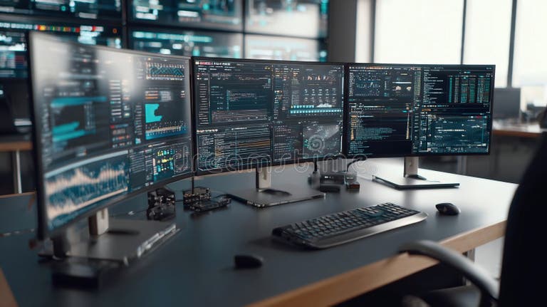 Modern Office Desk in a Data Center, Equipped with Multiple Monitors Displaying Complex AI Code ...