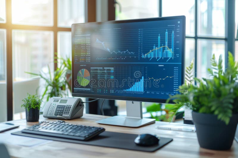 Modern Office Desk with Desktop Computer and Company Growth Data on ...