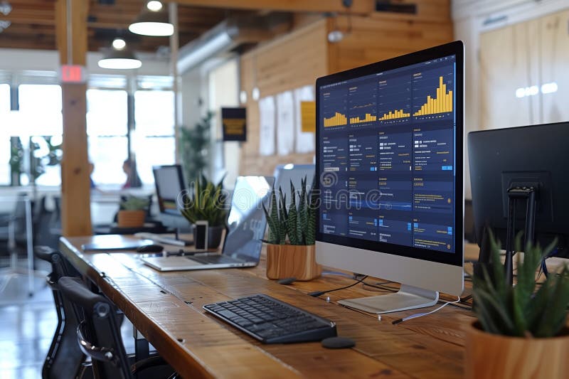 Modern Office Desk with Desktop Computer Displaying Data Charts and ...