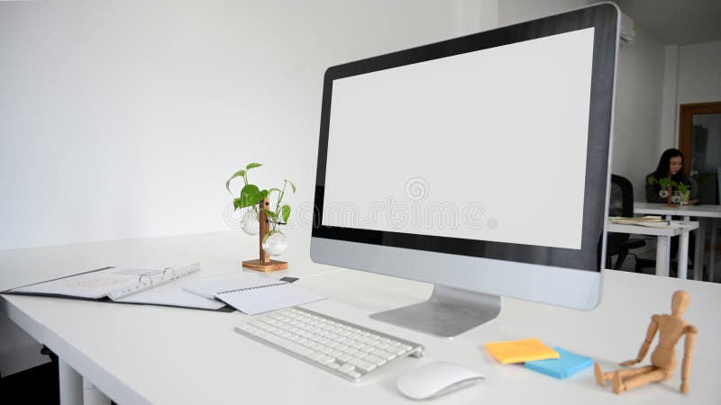 Modern Office Desk with Desktop Computer and Office Supplies Stock ...
