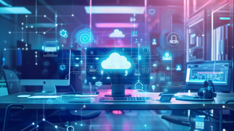 Modern Office Desk with Digital Cloud Computing Concept Stock Image ...