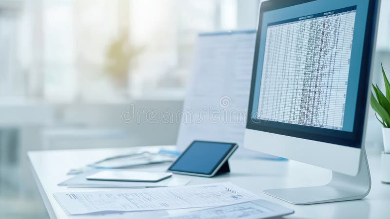 Modern Office Desk Displays Medical Bill Codes on Computer Spreadsheet ...