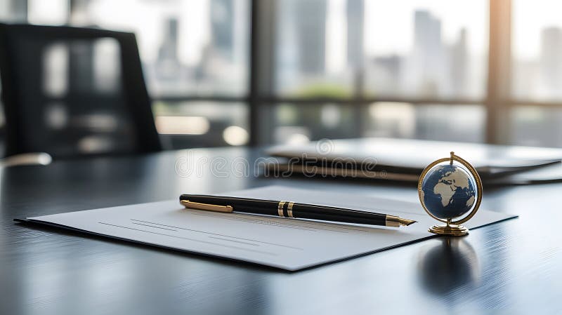 Modern Office Desk with Documents and Globe Symbolizing Global ...