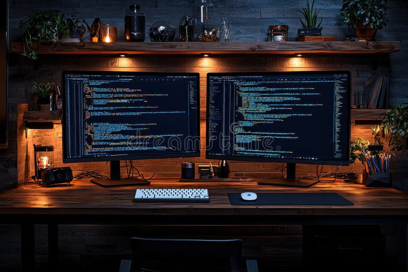 Modern Office Desk with Dual Monitors Displaying Coding and Programming Setup Stock Photo ...