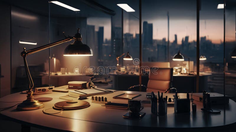 Modern Office Desk at Dusk with City Skyline View High Quality Image ...