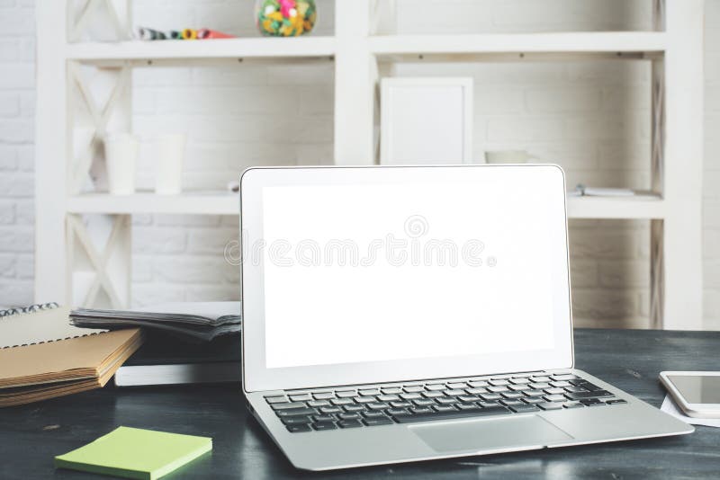 Modern Office Desk with Empty Laptop Screen Stock Photo - Image of ...