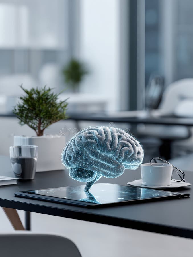 Digital Brain Model Displayed on Tablet in Modern Office Environment ...