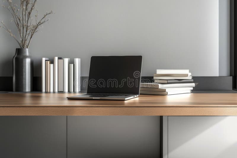 A Modern Office Desk Features a Laptop Open for Work, Neatly Stacked ...