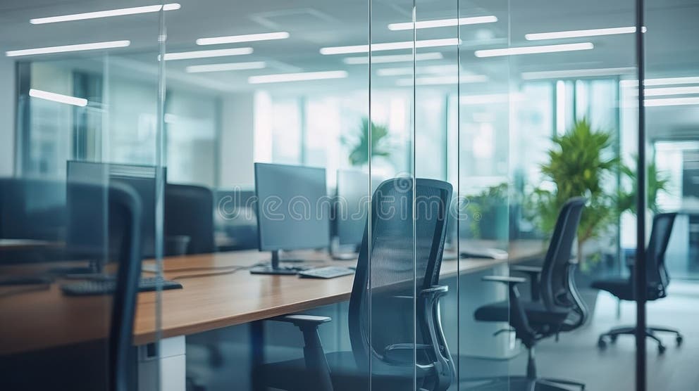 A Modern Office Desk Features Numerous Computers Arranged Efficiently ...