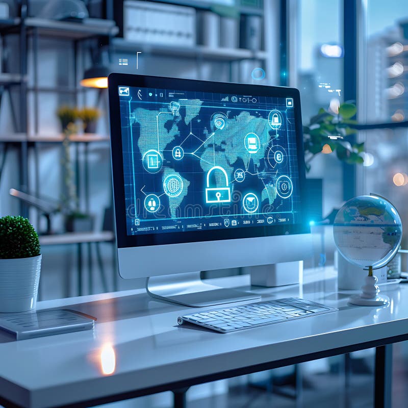 Modern Office Desk Features Sleek Computer Displaying Digital World Map ...