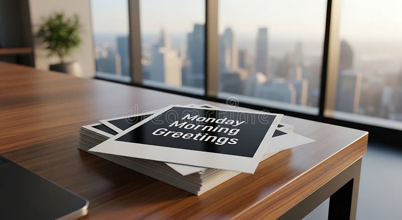 Monday Morning Greetings Notes on Modern Office Desk with City Skyline ...
