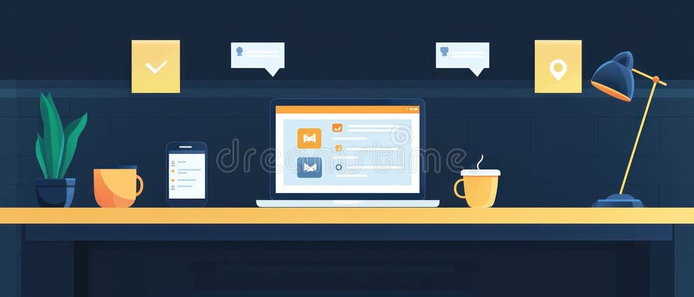 Modern Office Desk Featuring Laptop, Smartphone, Coffee Cup, and ...