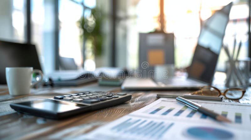 Modern Office Desk with Financial Documents and Calculator Stock Photo ...