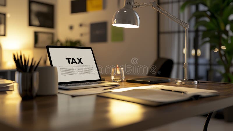 Modern Office Desk with Financial Documents and TAX Overlay Stock Image ...