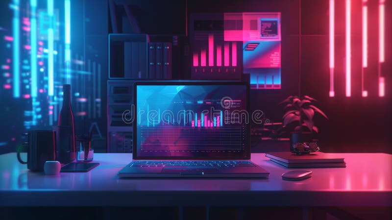 Modern Office Desk with Financial Graphs and Data on Computer Screen ...