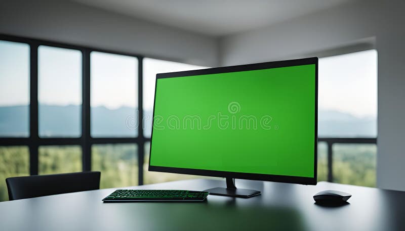 Modern Office Desk with Green Screen Computer Stock Illustration ...
