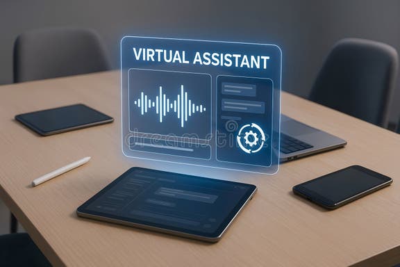 Modern Office Desk with Holographic Virtual Assistant Interface and ...