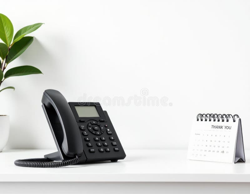 Modern Office Desk with IP Phone, Calendar, and Plant Stock ...