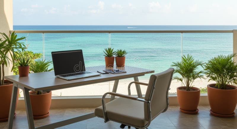 Coastal Home Office Workspace Laptop Plants Ocean View Ai Generated ...