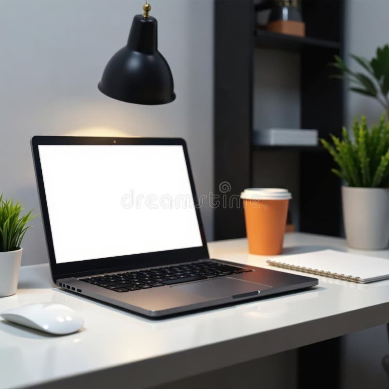 Modern Office Desk with Laptop Showing Wireframe on Screen, Surface ...