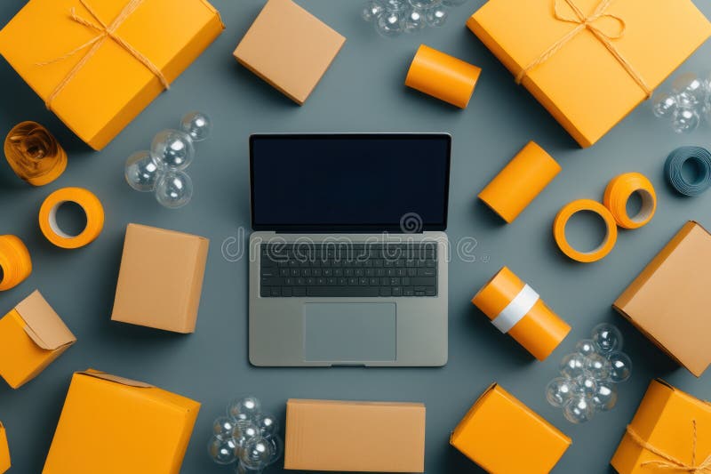 A Modern Office Desk with Laptop Surrounded by Yellow Packaging Boxes ...