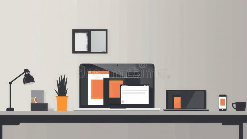 A Modern Office Desk with a Laptop, Tablet, and Smartphone Displaying ...