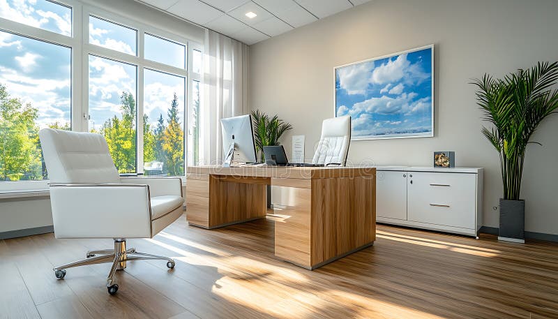 Modern Office with Desk and Large Windows Has Good Sunlight Stock Photo ...