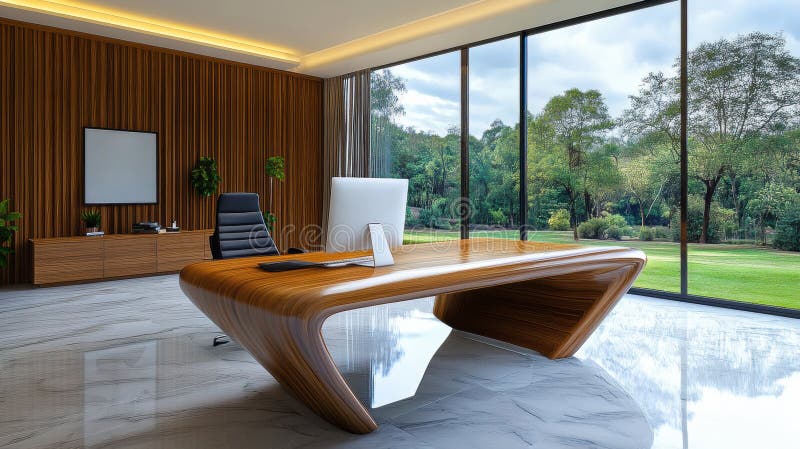 A Modern Office with a Desk and Large Windows Overlooking the Outside ...