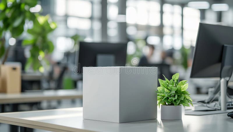 Modern Office Desk Mockup with White Cube and Plant High Quality Image ...
