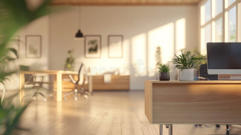 Modern Office Desk with Natural Light and Greenery Stock Illustration ...
