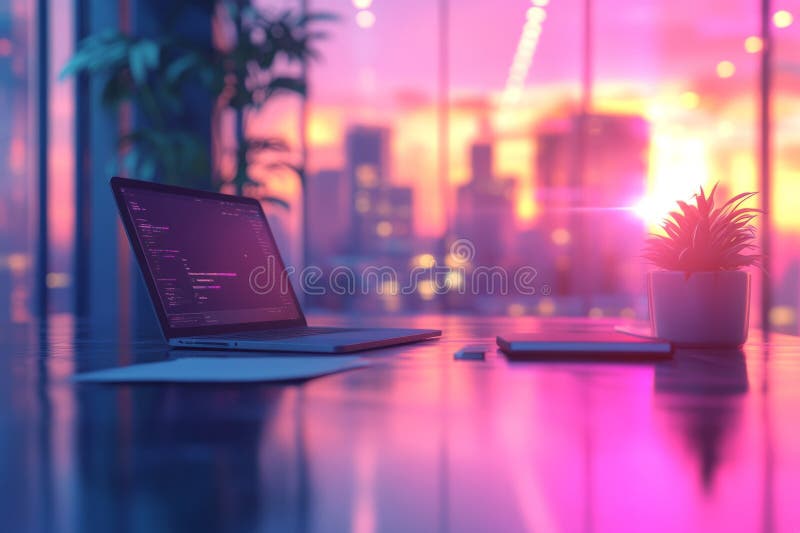 Modern Office Desk with an Open Laptop Displaying Source Code ... Modern Office Desk with an Open Laptop Displaying Source Code ...