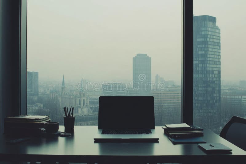 Modern Office Desk Overlooking Hazy City Skyline Stock Photo - Image of ...