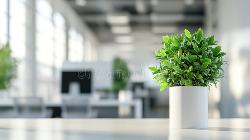 Modern Office with a Desk Plant and Computer in a Blurred Background ...