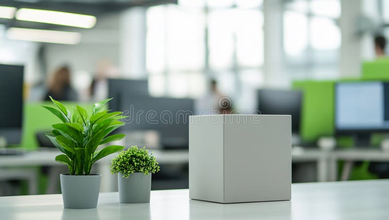 Modern Office Desk with Plants and Blank Box Mockup High Quality Image ...