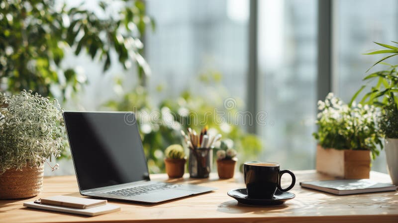Zen-inspired Modern Work Desk by Glass Window Stock Photo - Image of ...