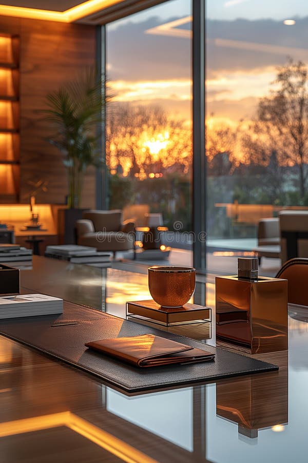 Modern Office Desk Reflecting Golden Sunset Light Stock Illustration ...