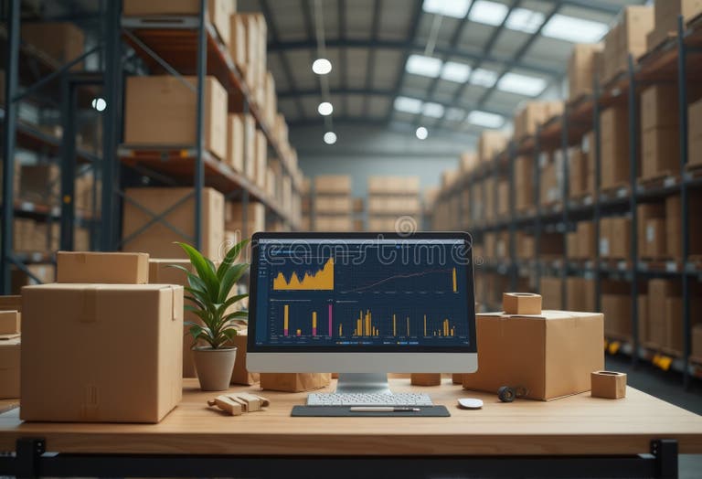 Warehouse Office Desk with Shipping Setup Stock Photo - Image of modern ...