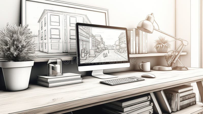 Architect S Workspace with Building Plans Stock Illustration ...