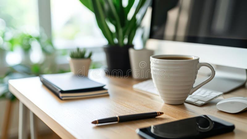 Modern Office Desk Setup with a Coffee Cup, Notebook, Pen, and Desktop ...
