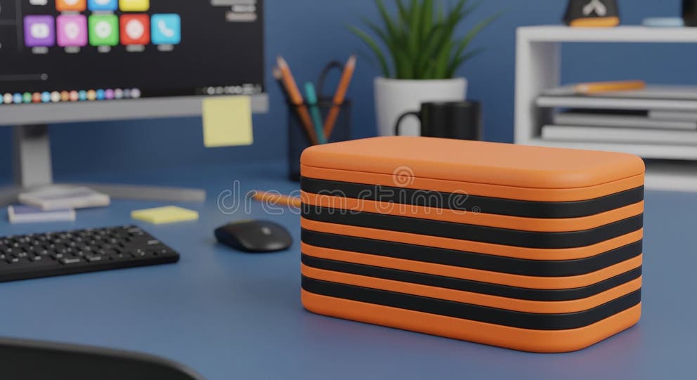 A Modern Office Desk Setup with a Computer, Organizer Box, and Various ...