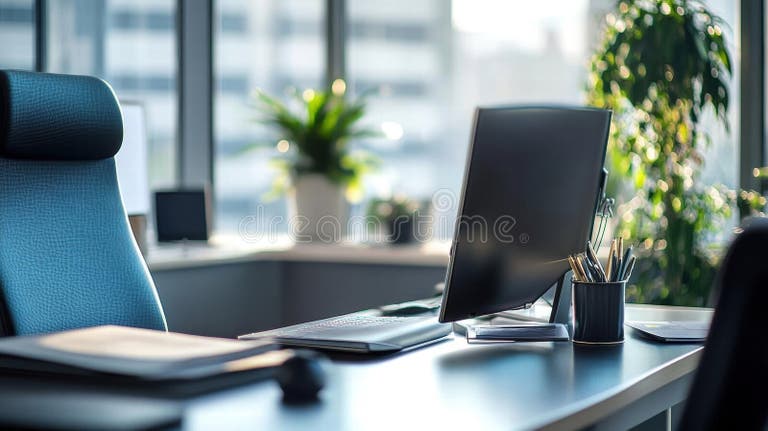 Modern Office Desk Setup with Computer and Plants Shows Workspace and ...