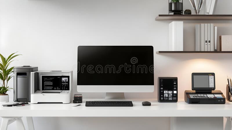 Modern Office Desk Setup Computer Printer Gadgets Stock Photos - Free ...