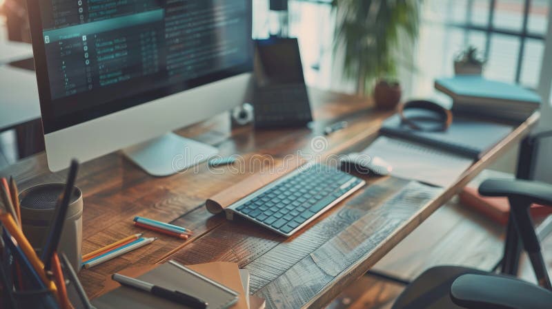 Modern Office Desk Setup with Computer and Stationery Stock Photo ...