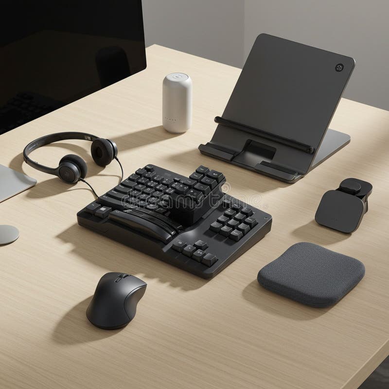 Modern Office Desk Setup Featuring a Curved Ergonomic Keyboard ...