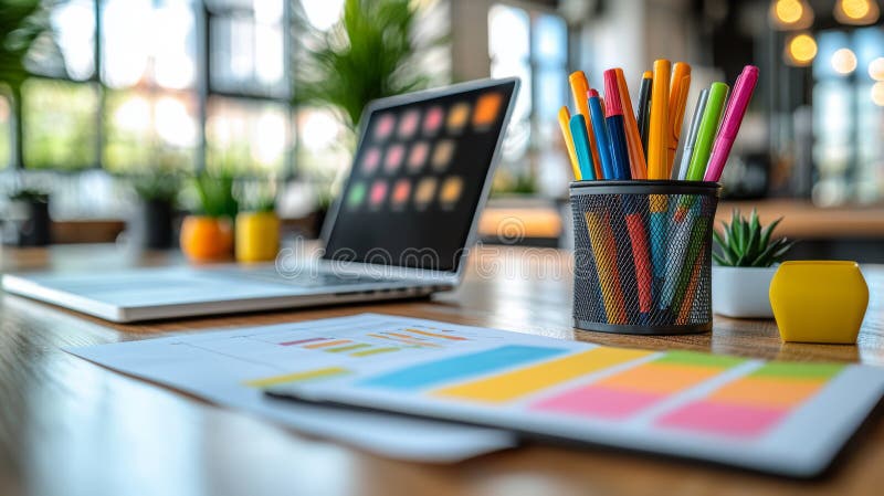 Vibrant Workspace: a Modern Office Setup with Colorful Pens, Laptop ...